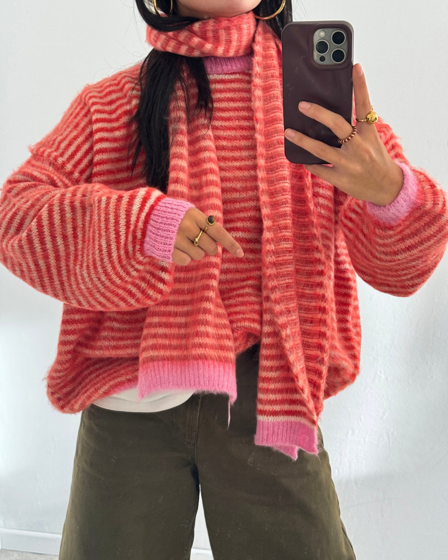 STRIPED FUZZY KNIT WITH SCARF - CORAL – HUES STUDIOS